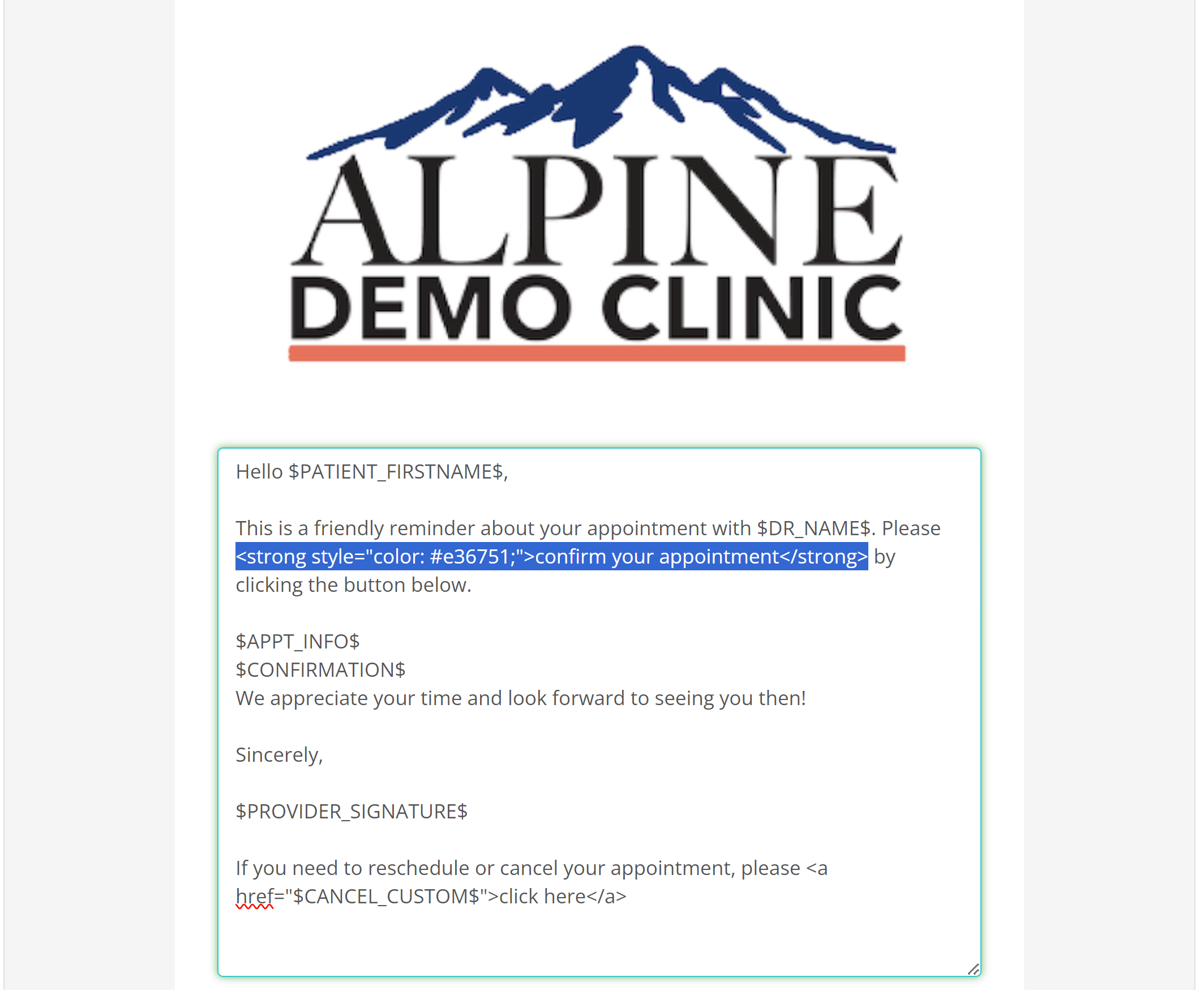 Change the color or format of text in the appointment reminder email